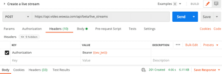 REST API reference in Wowza Video